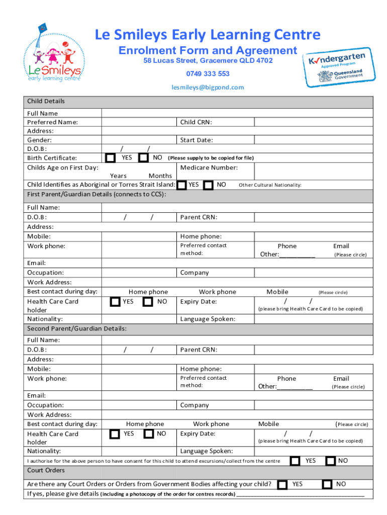 Fillable Online Le Smileys Early Learning Centre Fax Email Print ...