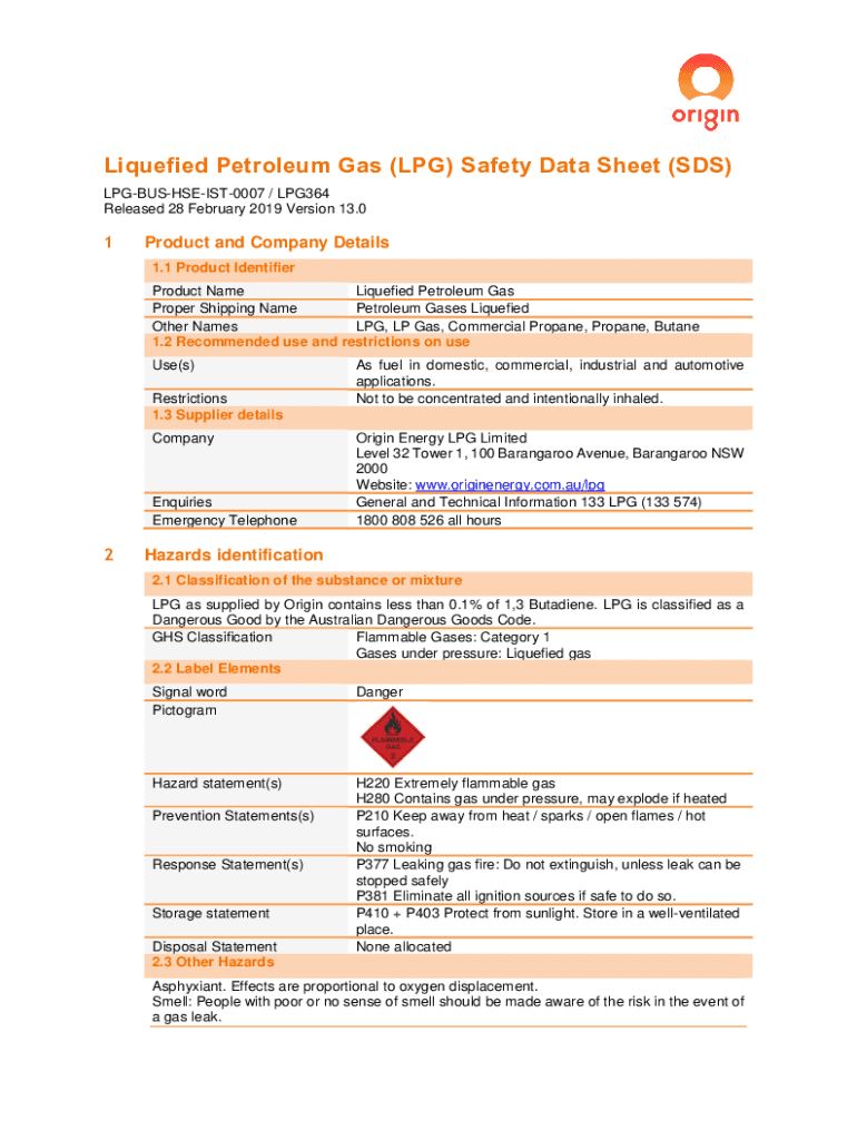 Fillable Online Liquefied Petroleum Gas (LPG) Safety Data Sheet (SDS ...