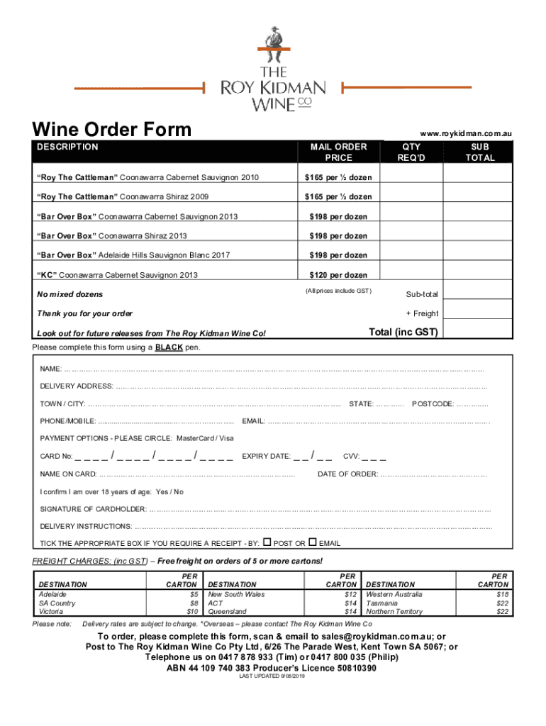 Fillable Online RKW Wine Order Form 20190809 Fax Email Print - pdfFiller