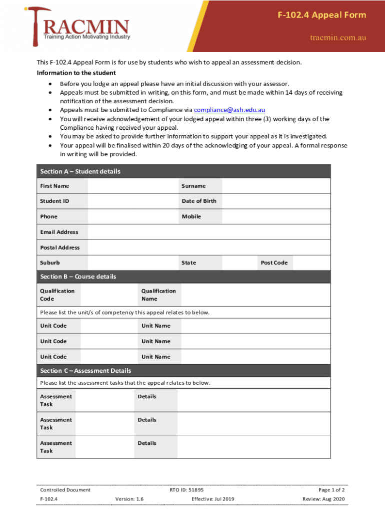 Fillable Online F-102.4 Appeal Form Fax Email Print - pdfFiller