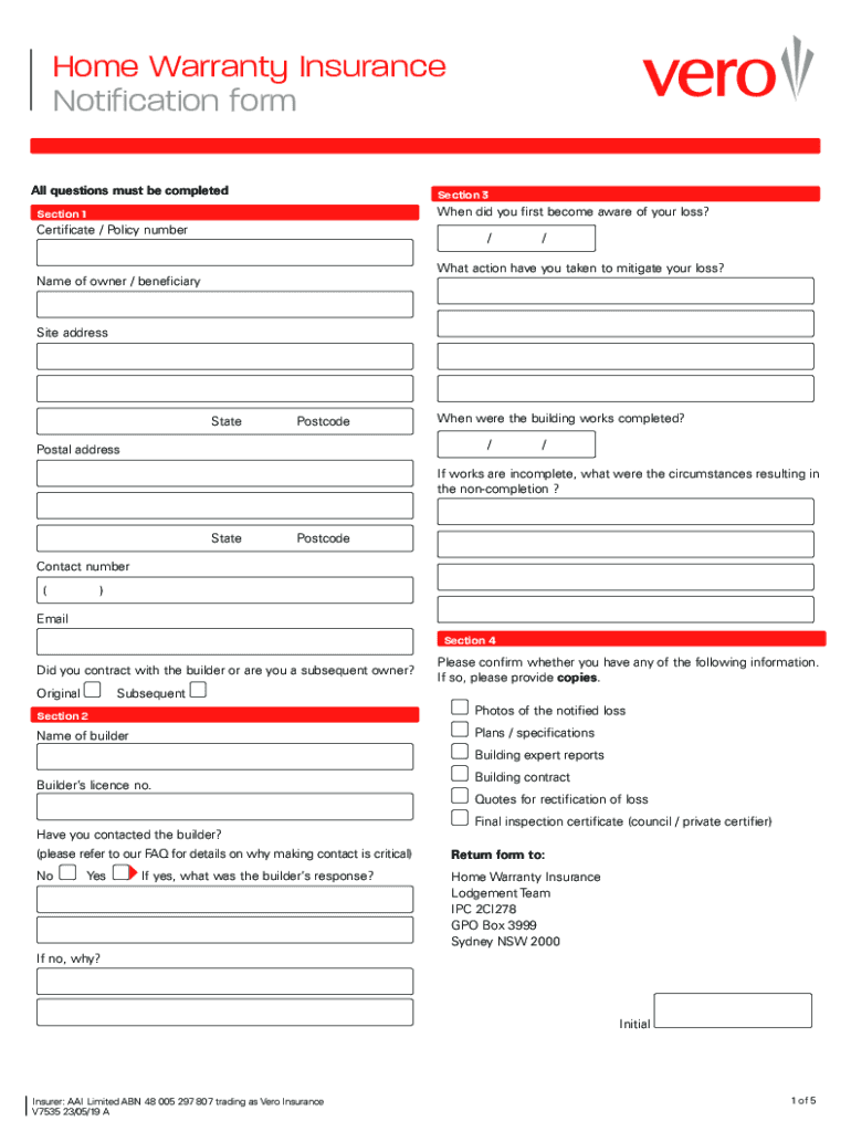 Fillable Online Vero: Home Warranty Insurance Notification form Fax ...