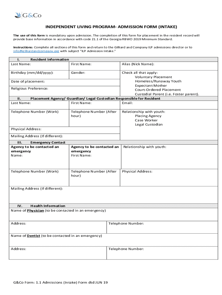 Fillable Online APPLICATION FOR ADMISSION Adult Care Facility/Assisted ...