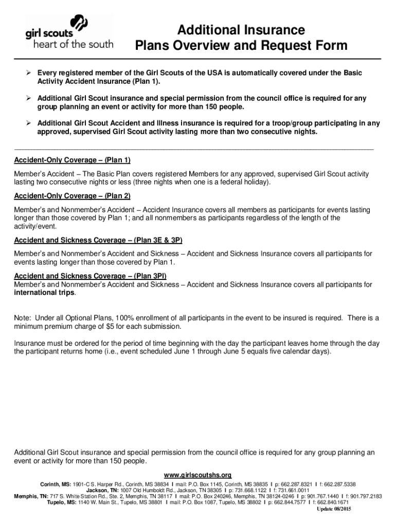Fillable Online ADDITIONAL INSURANCE REQUEST FORM - Girl Scouts Western ...