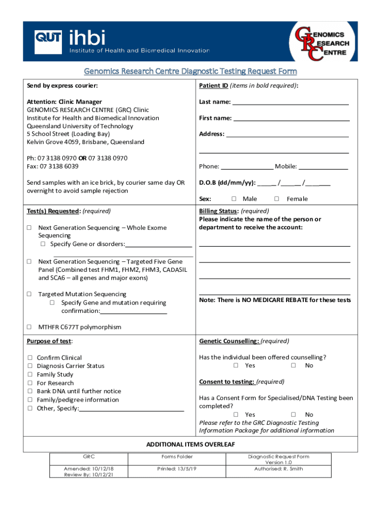 Fillable Online research qut edu Genomics Research Centre Diagnostic ...