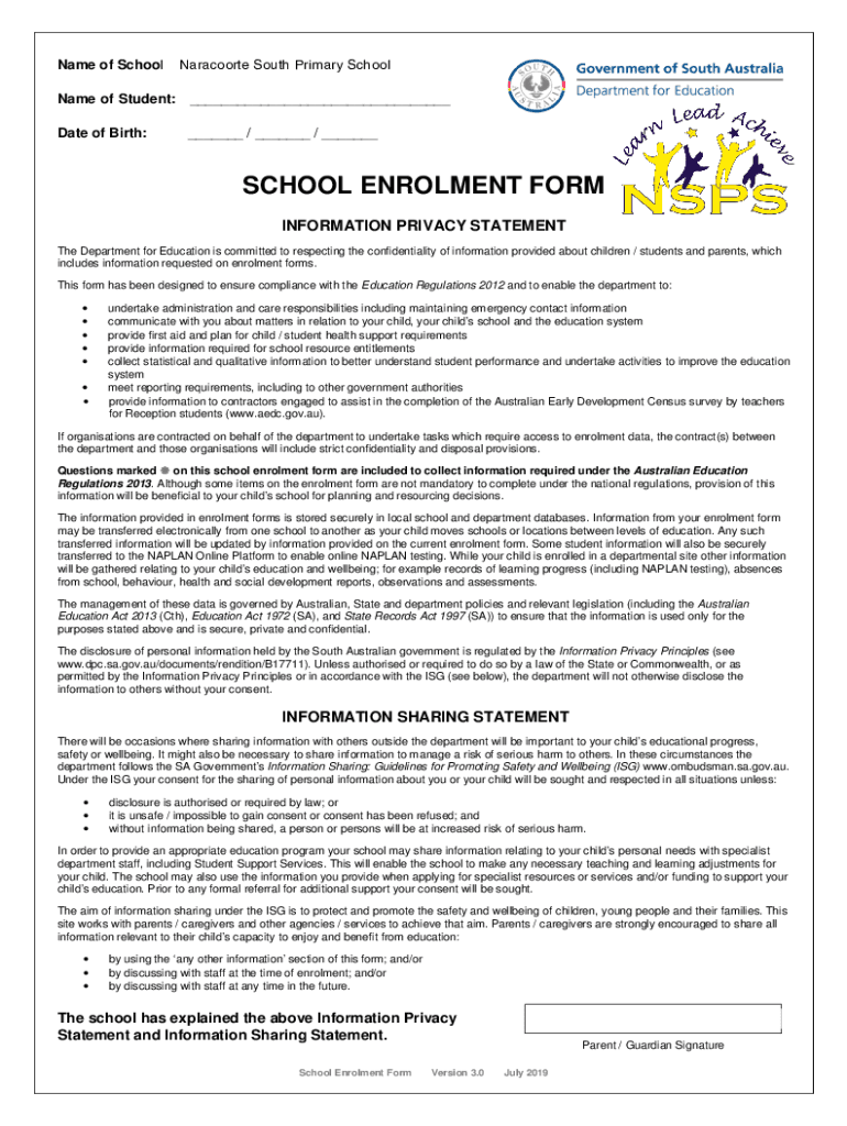 Fillable Online narsouthps sa edu Naracoorte South Primary School ...