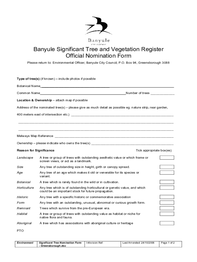 Fillable Online Banyule Significant Tree and Vegetation Register Fax ...