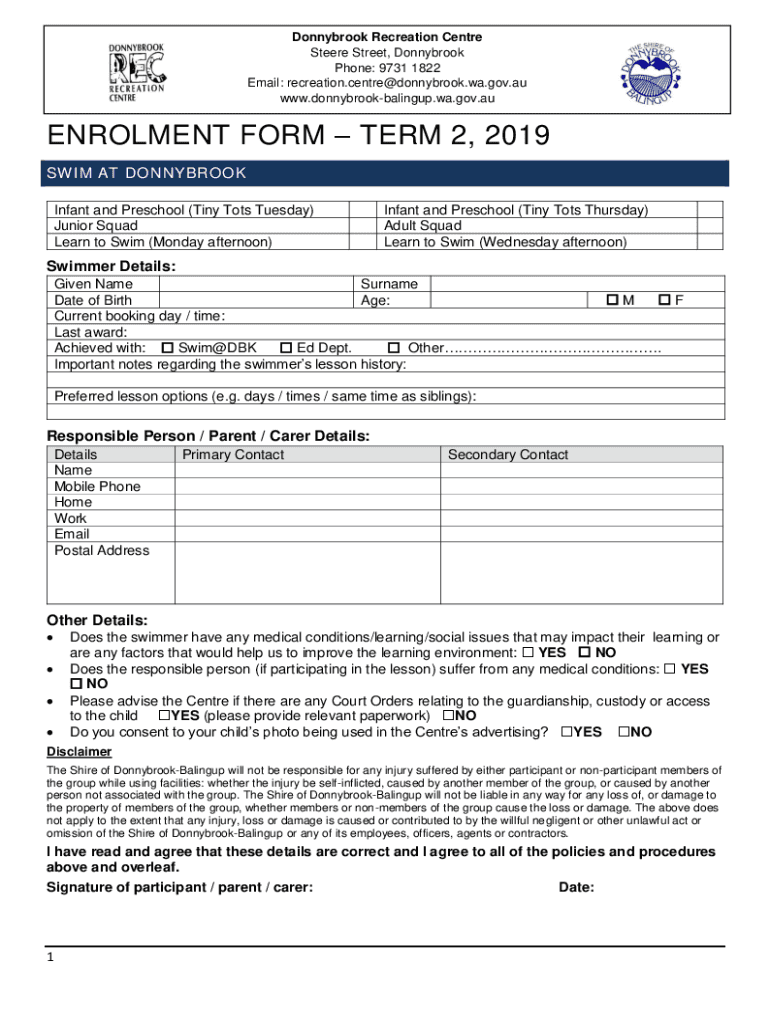 Fillable Online SWIM AT DONNYBROOK ENROLMENT FORM SCHOOL HOLIDAY SWIM ...