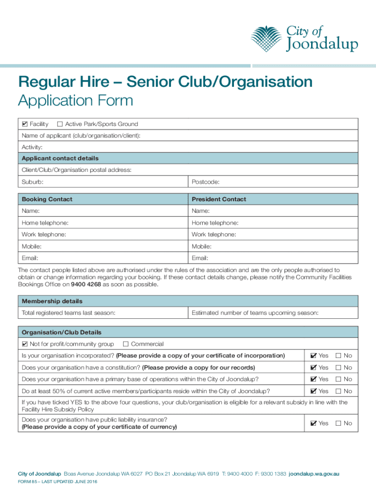 Fillable Online Regular Hire Senior Club/Organisation Application Form ...