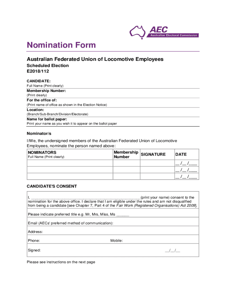 Fillable Online Nomination Form - Australian Federated Union of Locomotive ... Fax Email Print ...
