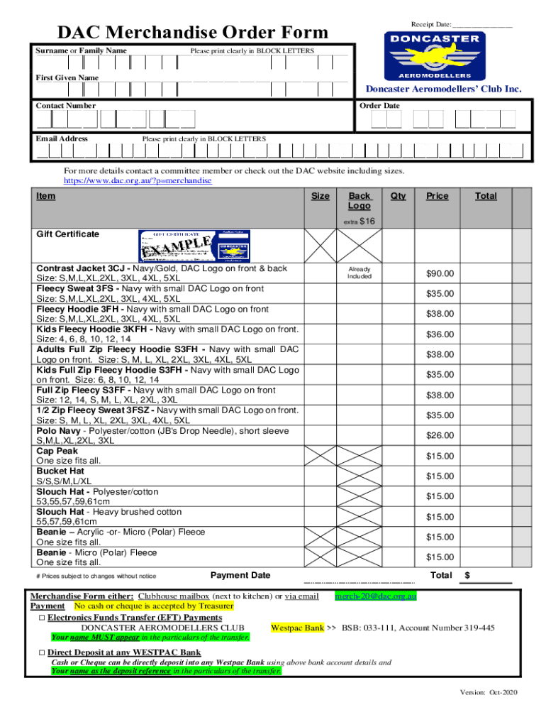 Fillable Online dac org DAC Merchandise Order Form Receipt Date: Fax ...