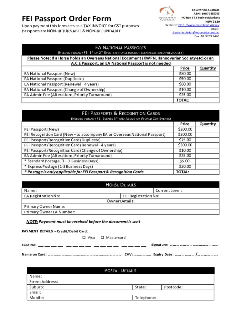Fillable Online ABN: 19077455755 FEI Passport Order Form PO Box 673 ...