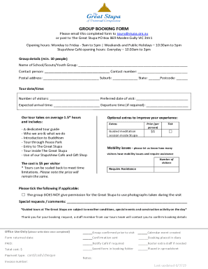 Fillable Online GROUP BOOKING FORM - stupa.org.au Fax Email Print ...