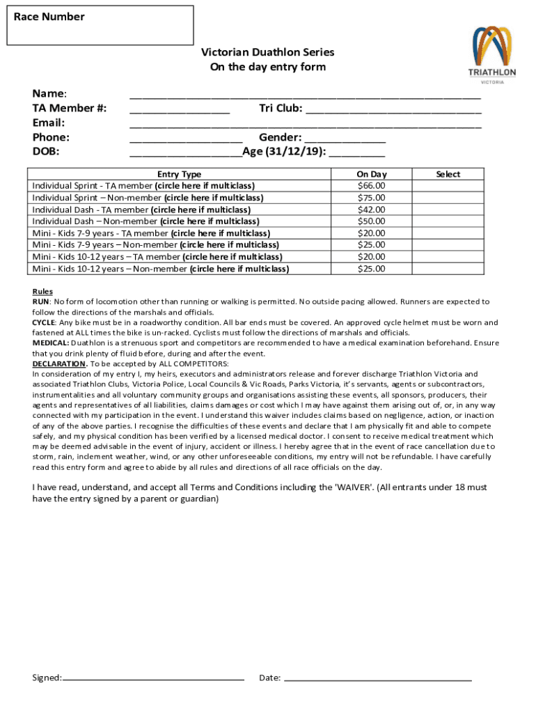 Fillable Online Victorian Duathlon Series On the day entry form Fax ...