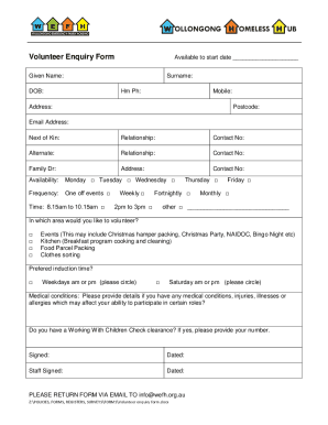 Fillable Online Volunteer Enquiry Form - Rental/ Homelessness Help Fax ...