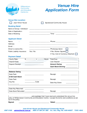 Fillable Online Venue Hire Application Form - Williamstown Community ...