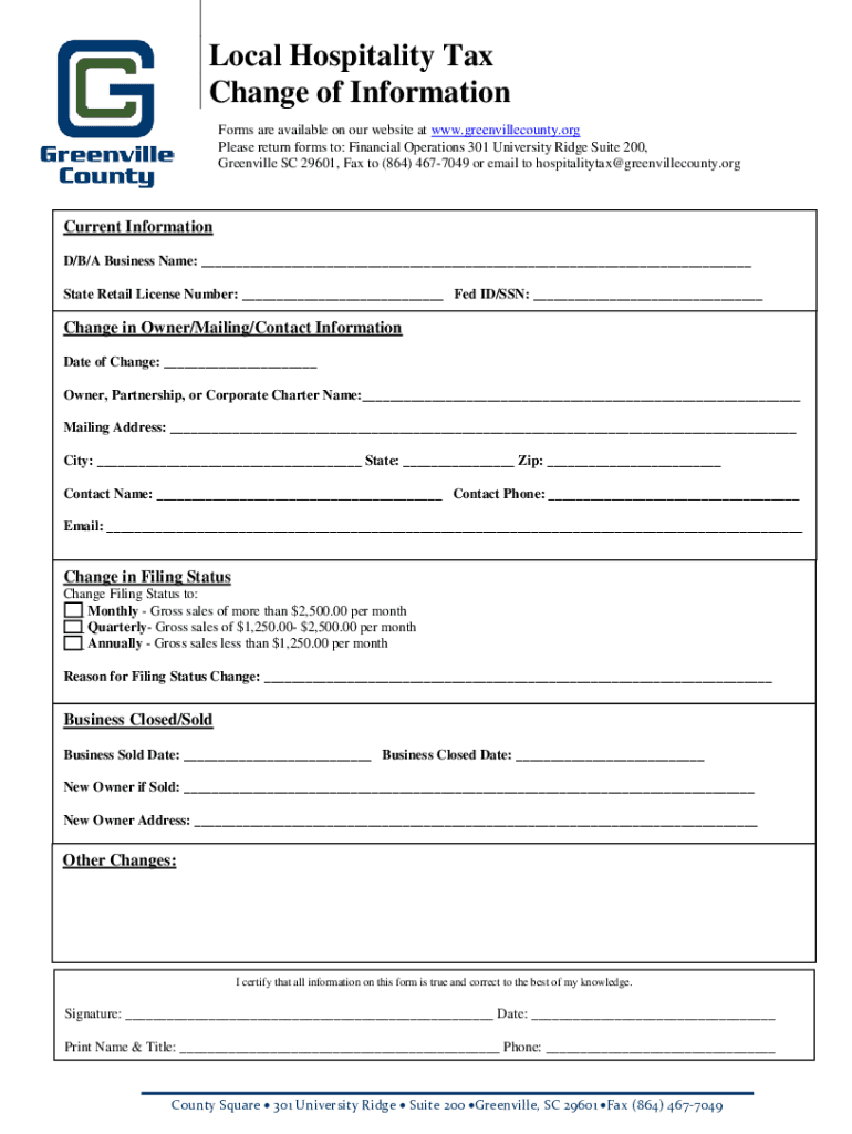 Fillable Online Local Hospitality Tax Change of Information ...