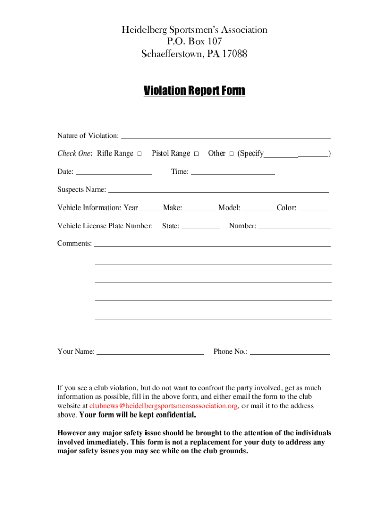 Fillable Online Violation Report Form - Heidelberg Sportsmen's ...