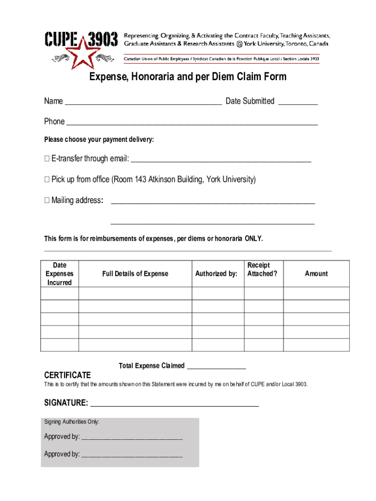 Fillable Online Expense, Honoraria and per Diem Claim Form Fax Email ...