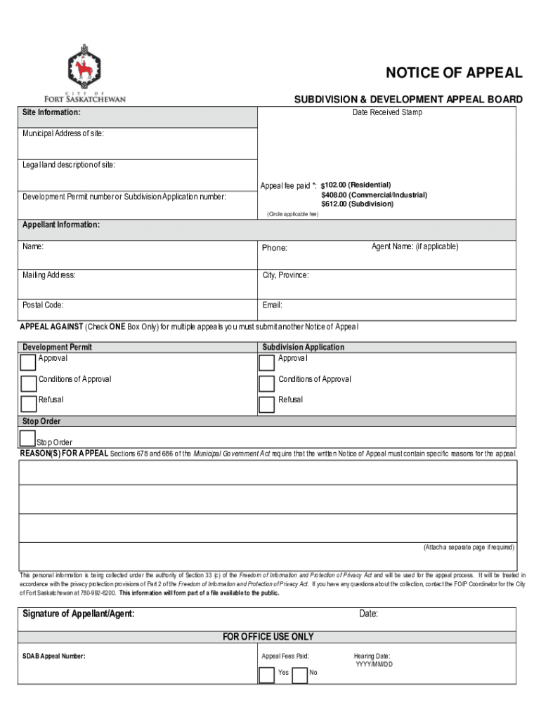 Fillable Online Notice of Appeal - Subdivision & Development Appeal ...
