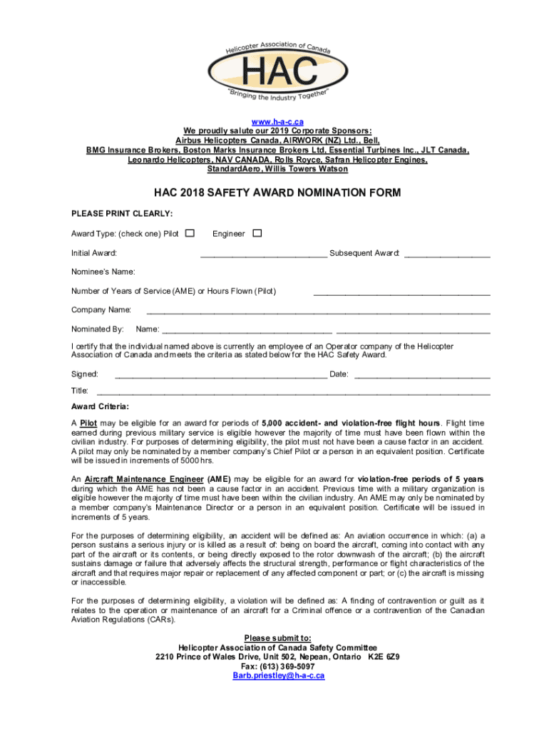 Fillable Online 2018 Safety Certificate - Nomination Form.doc Fax Email ...