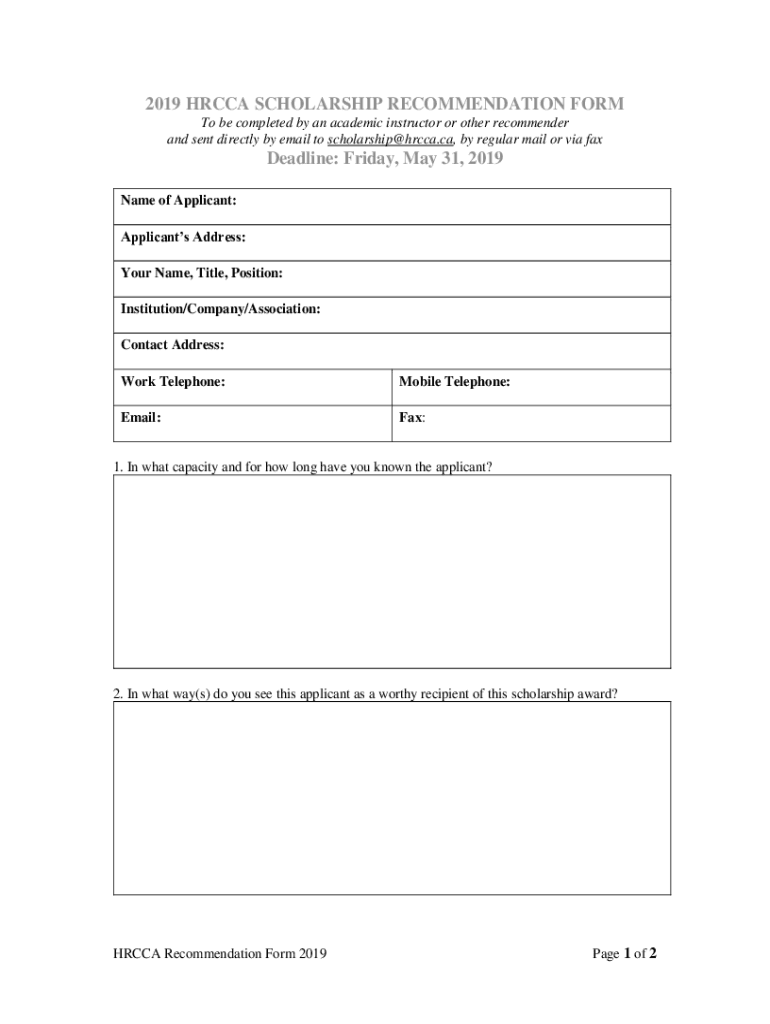 Fillable Online 2019 HRCCA SCHOLARSHIP RECOMMENDATION FORM Fax Email Print - pdfFiller