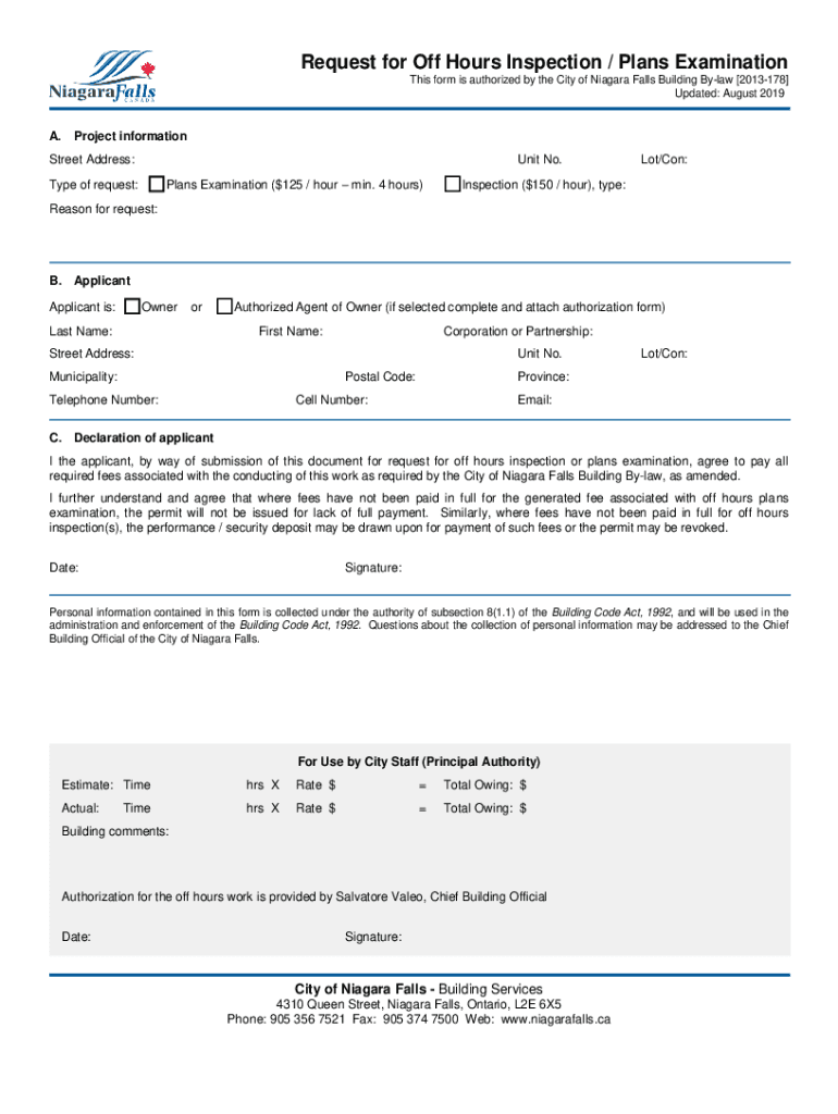 Fillable Online Request for Off Hours Inspection or Plans Examination ...
