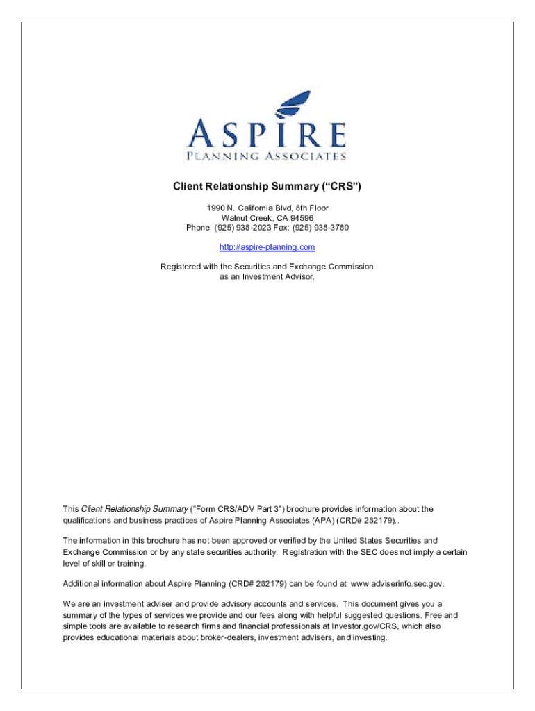 Fillable Online 052920 - Aspire Planning - ADV Form CRS Brochure - v3 ...