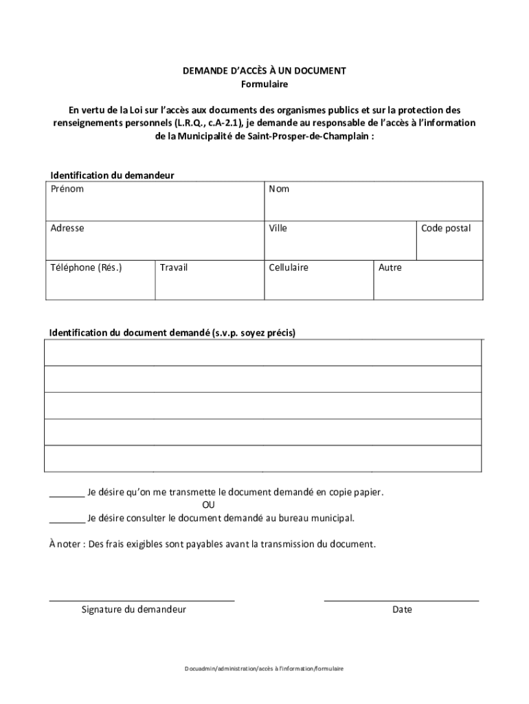 Fillable Online Demande en vertu de la Loi sur l'accs aux documents des ... Fax Email Print ...