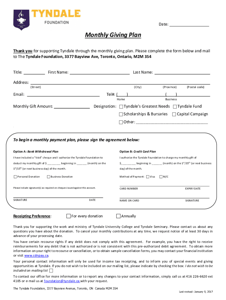 Fillable Online Monthly Giving Plan - Tyndale University Fax Email ...