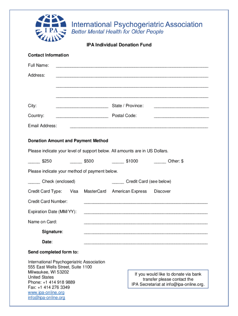 Fillable Online IPA Individual Donation Fund - International ...