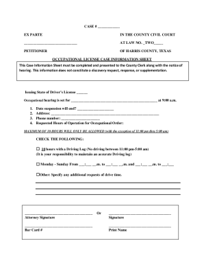 Fillable Online Occupational Driver License - Case Information Sheet ...