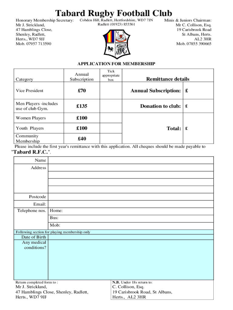 Fillable Online Tabard Rugby Football Club - Microsoft Fax Email Print ...