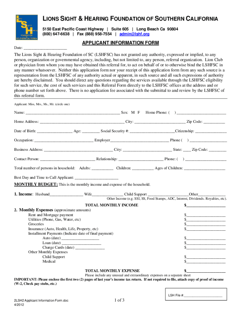 Fillable Online 2LSH2 Applicant Information Form.doc Fax Email Print - pdfFiller