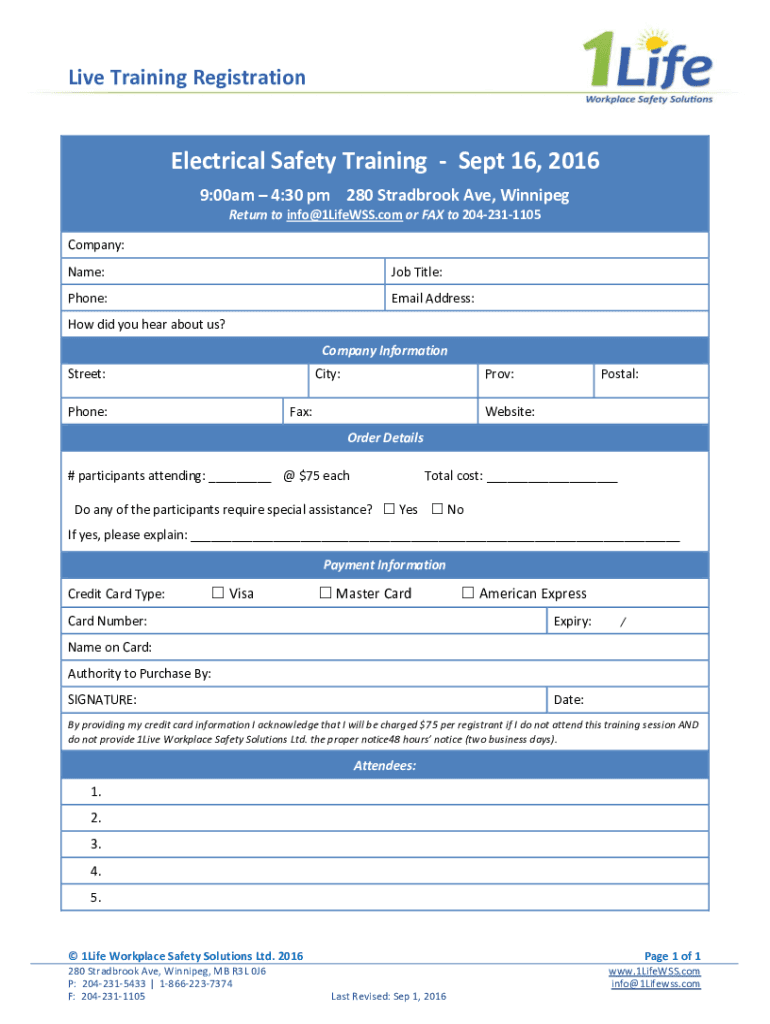 Fillable Online Electrical Safety Training - Sept 16, 2016 - 1Life ...