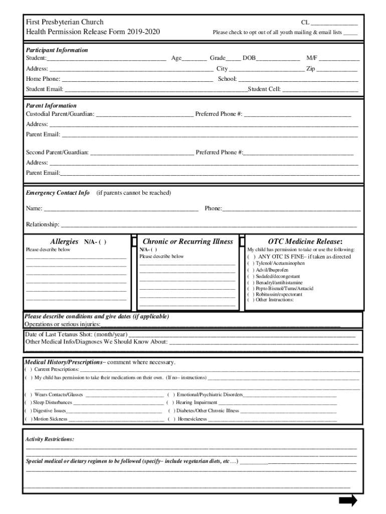 Fillable Online First Presbyterian Church CL Health Permission Release ...