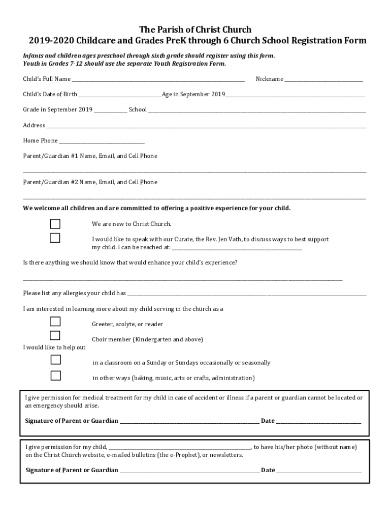 Fillable Online The Parish of Christ Church 2019-2020 Youth ...