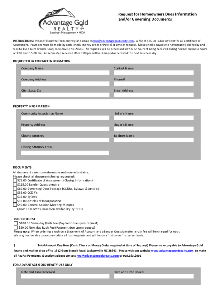 Fillable Online Request for Homeowners Dues Information Fax Email Print ...