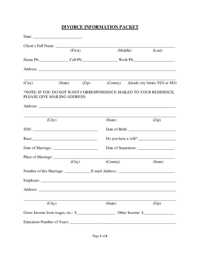 Fillable Online DIVORCE INFORMATION PACKET Fax Email Print - pdfFiller