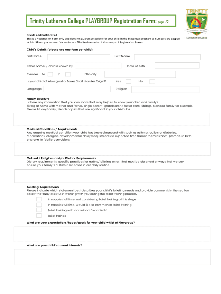 Fillable Online Trinity lutheran college early learning centre waiting ...