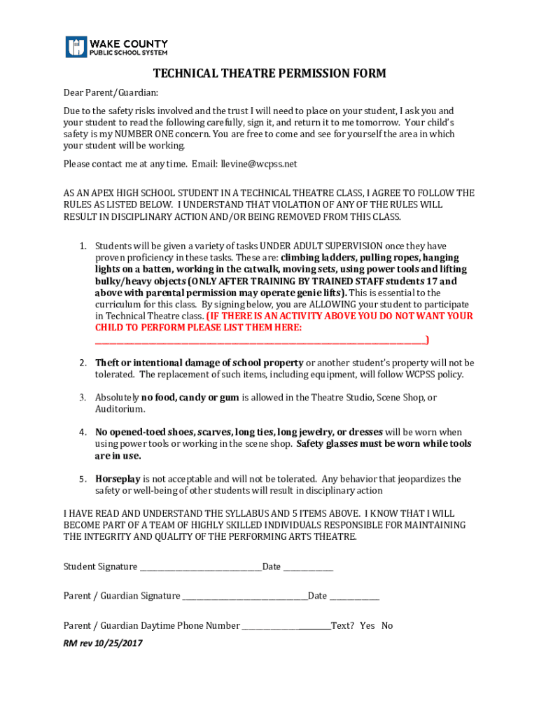 Fillable Online TECHNICAL THEATRE PERMISSION FORM - apexdrama.com Fax ...