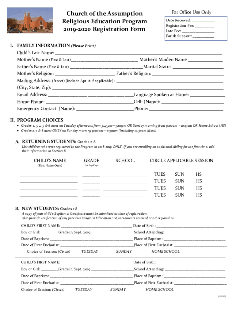 Fillable Online RELIGIOUS EDUCATION PROGRAM 2019-2020 REGISTRATION FORM ...