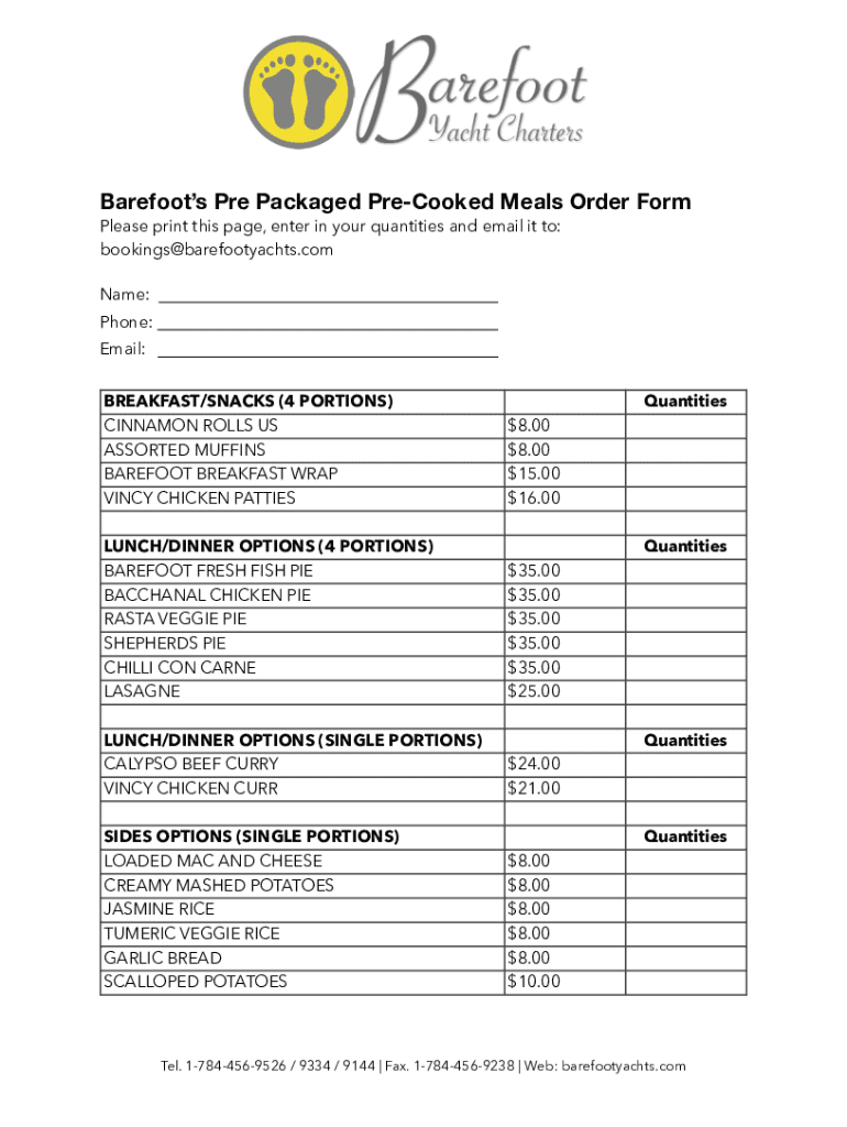 Fillable Online Barefoots Pre Packaged Pre-Cooked Meals Order Form Fax ...
