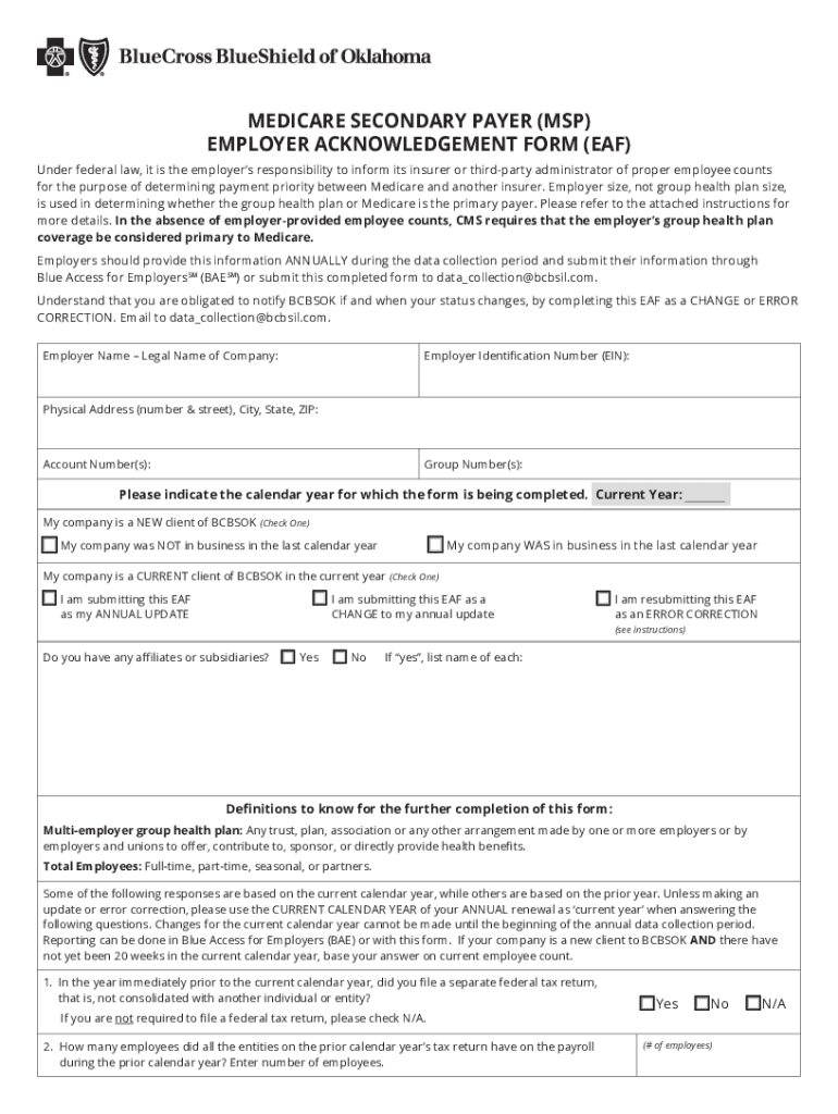 Fillable Online Medicare Secondary Payer Employer Acknowledgement Form ...