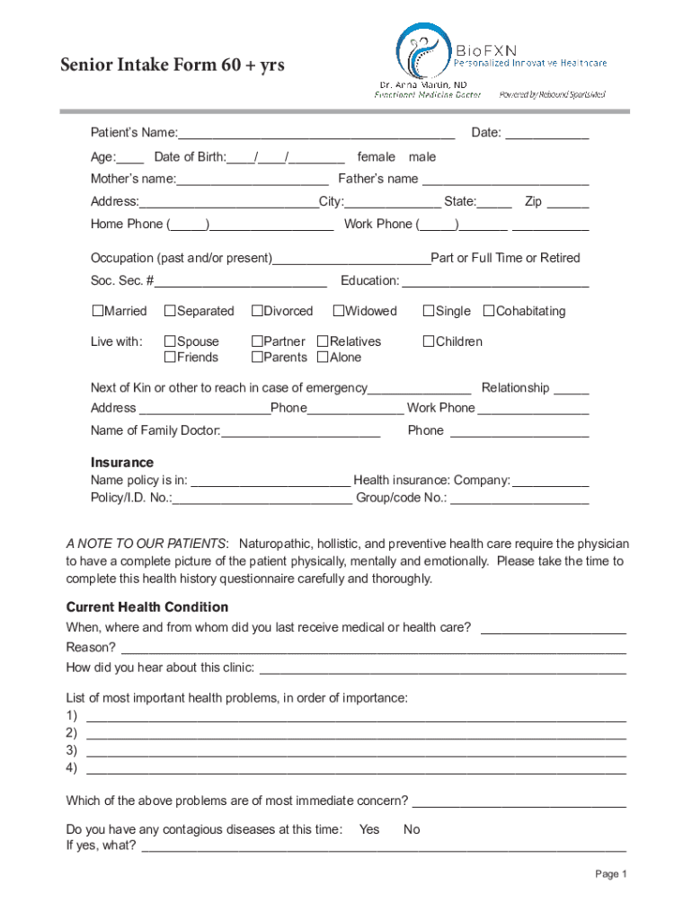Fillable Online Senior Intake Form 60 + yrs Fax Email Print - pdfFiller