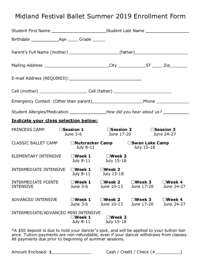 Fillable Online Midland Festival Ballet Summer 2019 Enrollment Form Fax Email Print - pdfFiller