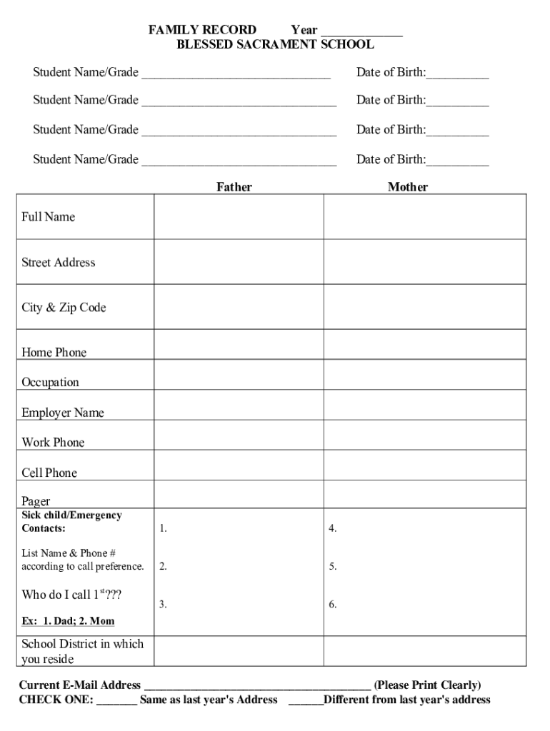 Fillable Online Family Record Form - Blessed Sacrament Catholic School ...