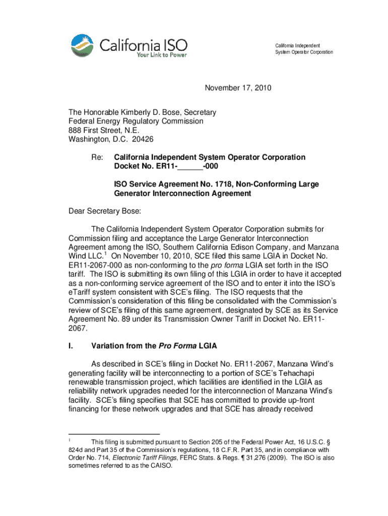 Fillable Online Re: California Independent System Operator Corporation ...