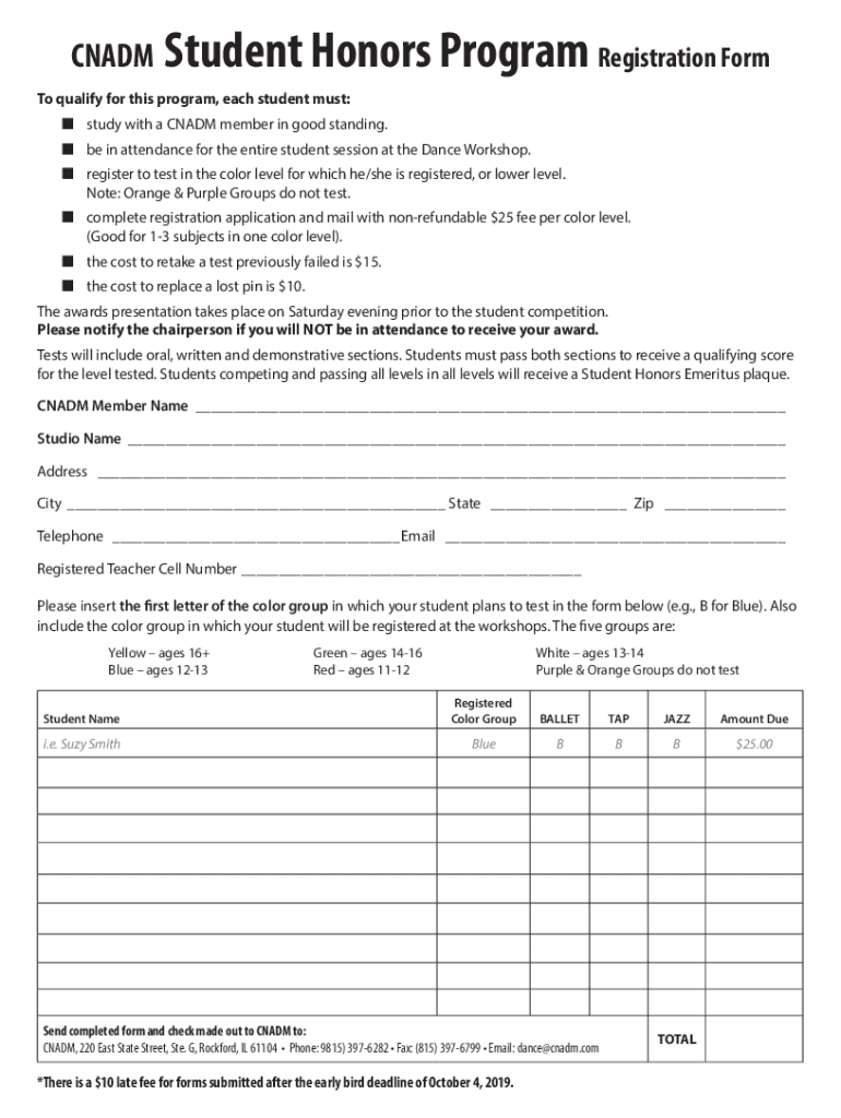 Fillable Online Student Honors Program Registration Form Fax Email ...