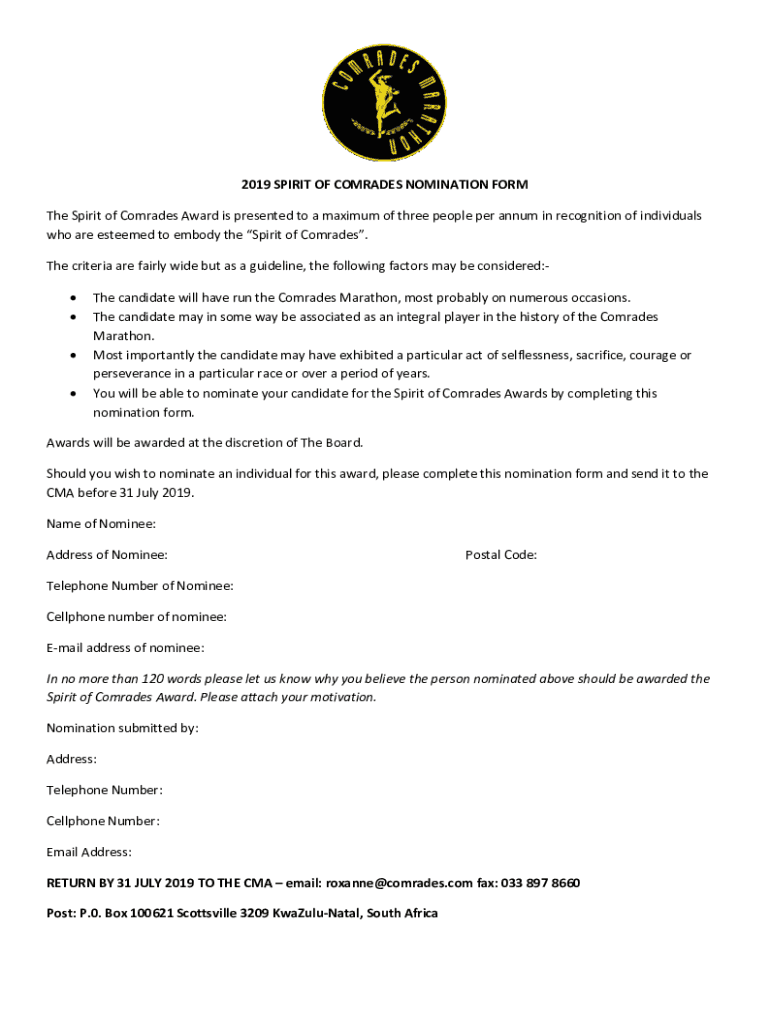 Fillable Online Nominate your Old Mutual Spirit of Comrades Recipients ...