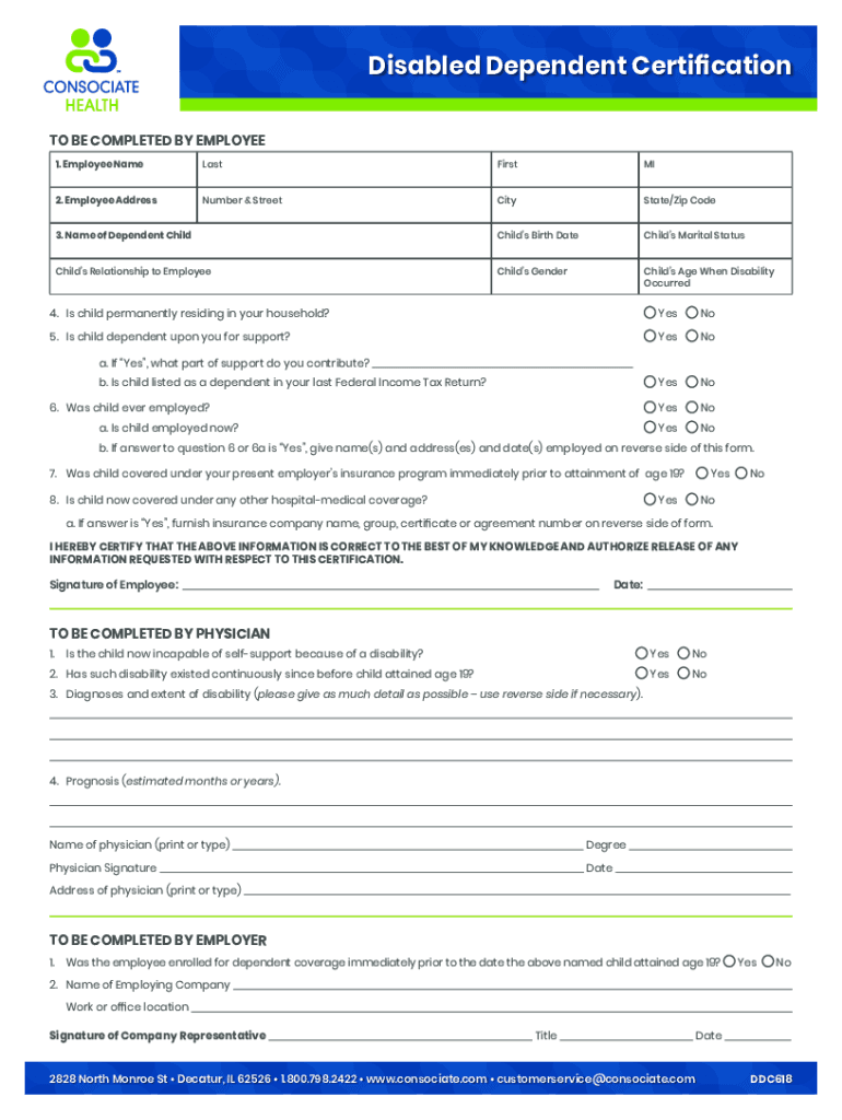 Fillable Online Disabled Dependent Certification - Consociate Health ...